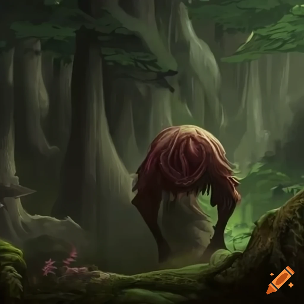 Fantasy scene with flowers, birds, snakeskin trees, ivy vines, and mythological creatures in ...