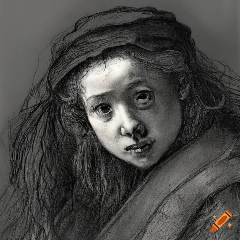 Charcoal drawing of a girl with wind-blown hair on Craiyon