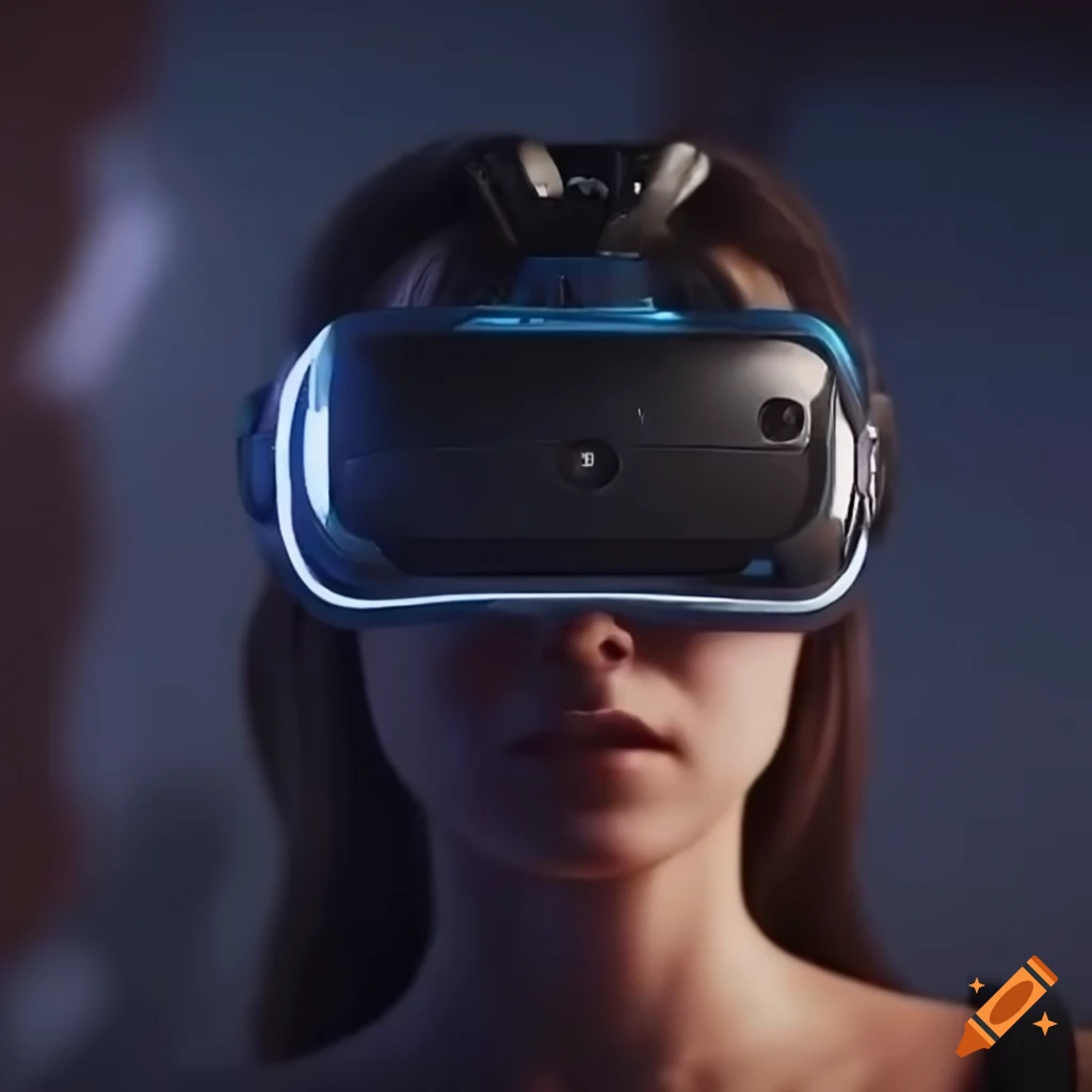Woman wearing a futuristic VR headset at home on Craiyon
