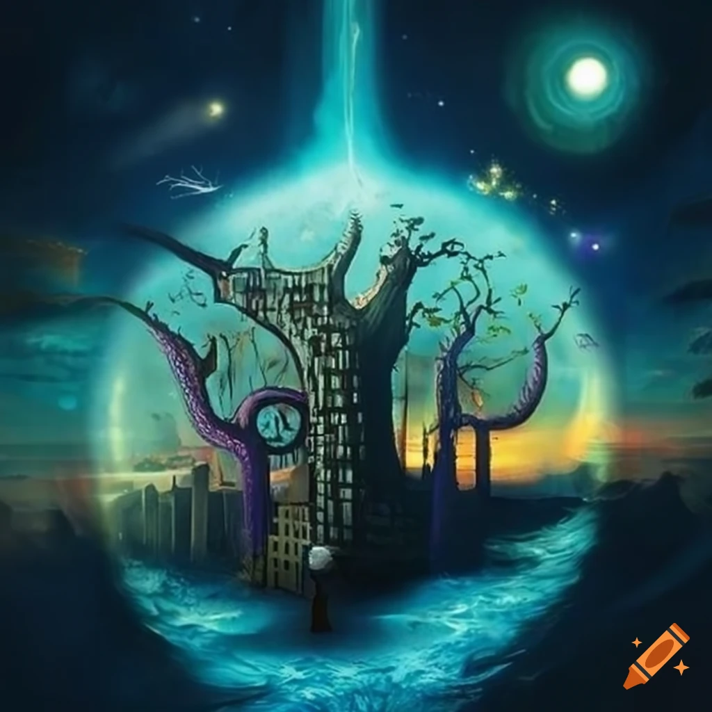 Surreal artwork with trees, city, and space elements on Craiyon