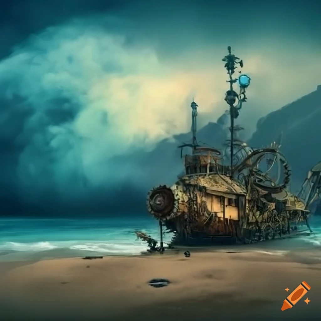 Surreal steampunk scene with machines and crabes on the beach on Craiyon