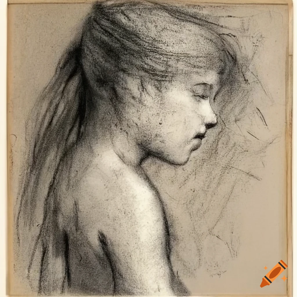 Charcoal drawing of girl with flowing hair on Craiyon