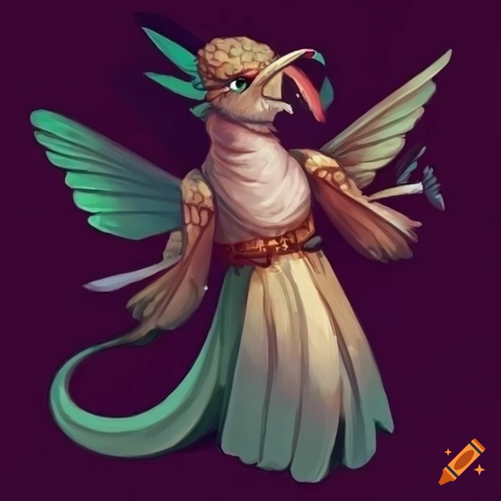 Illustration of an aarakocra hummingbird bard in dnd on Craiyon