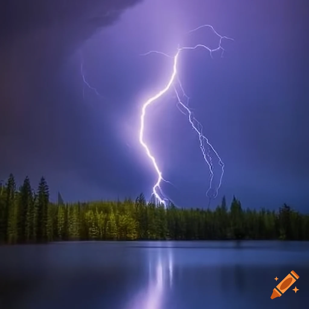 Lightning crashes across the sky with mountains and a small lake on Craiyon