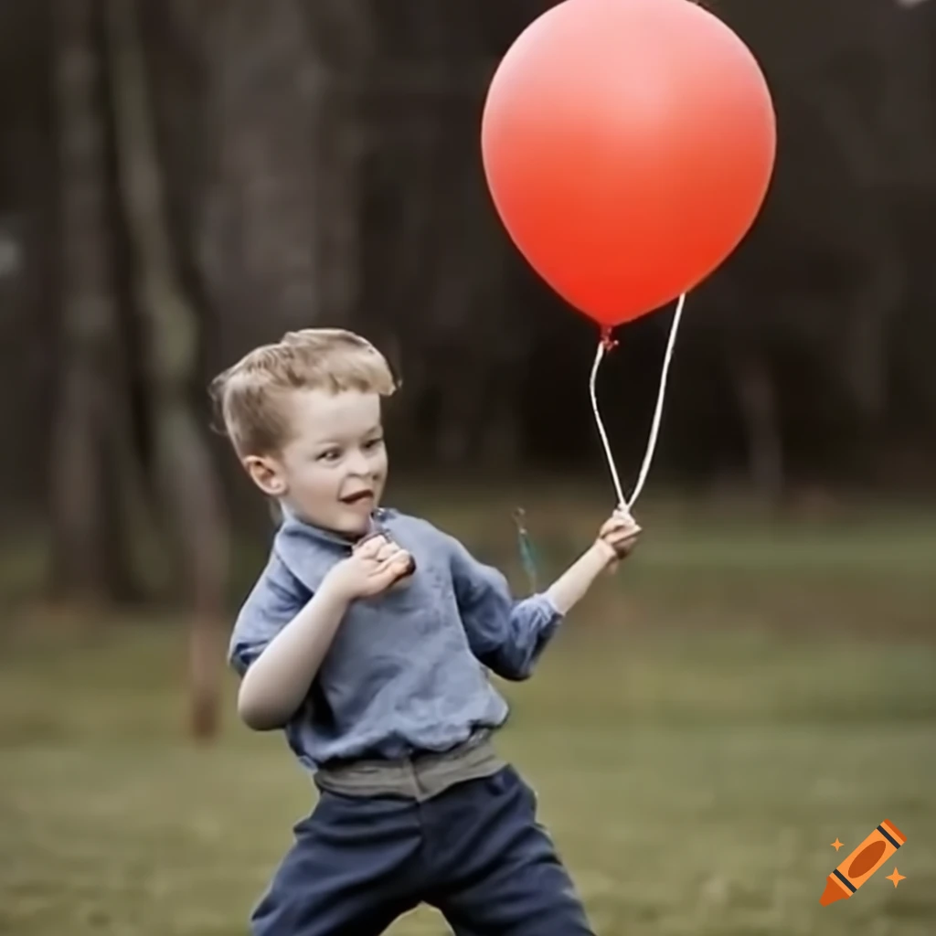 Vintage-themed image of a boy chasing a balloon on Craiyon