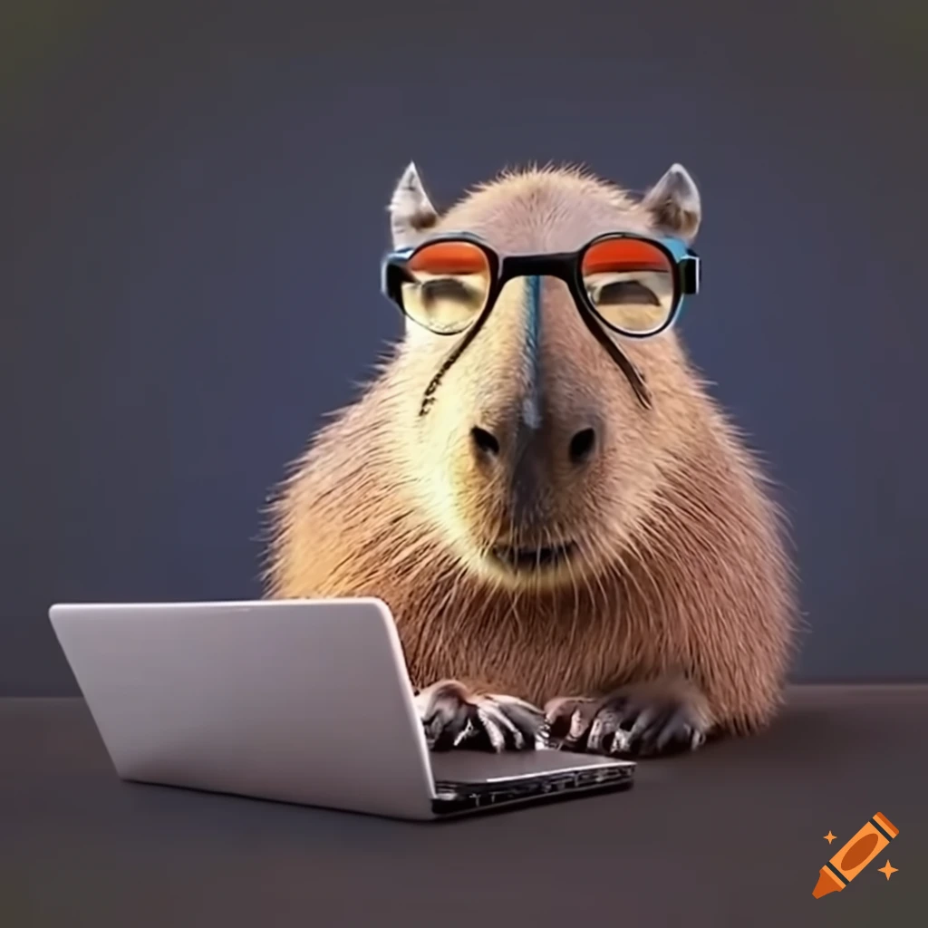 Cute capybara wearing glasses using a laptop on Craiyon