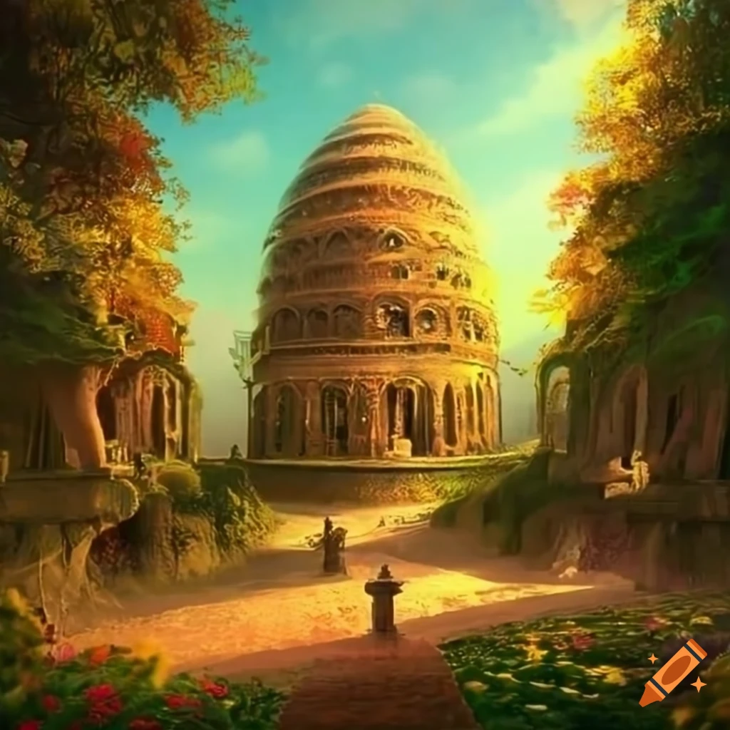 Fantasy depiction of perspolis with beautiful trees and flowers