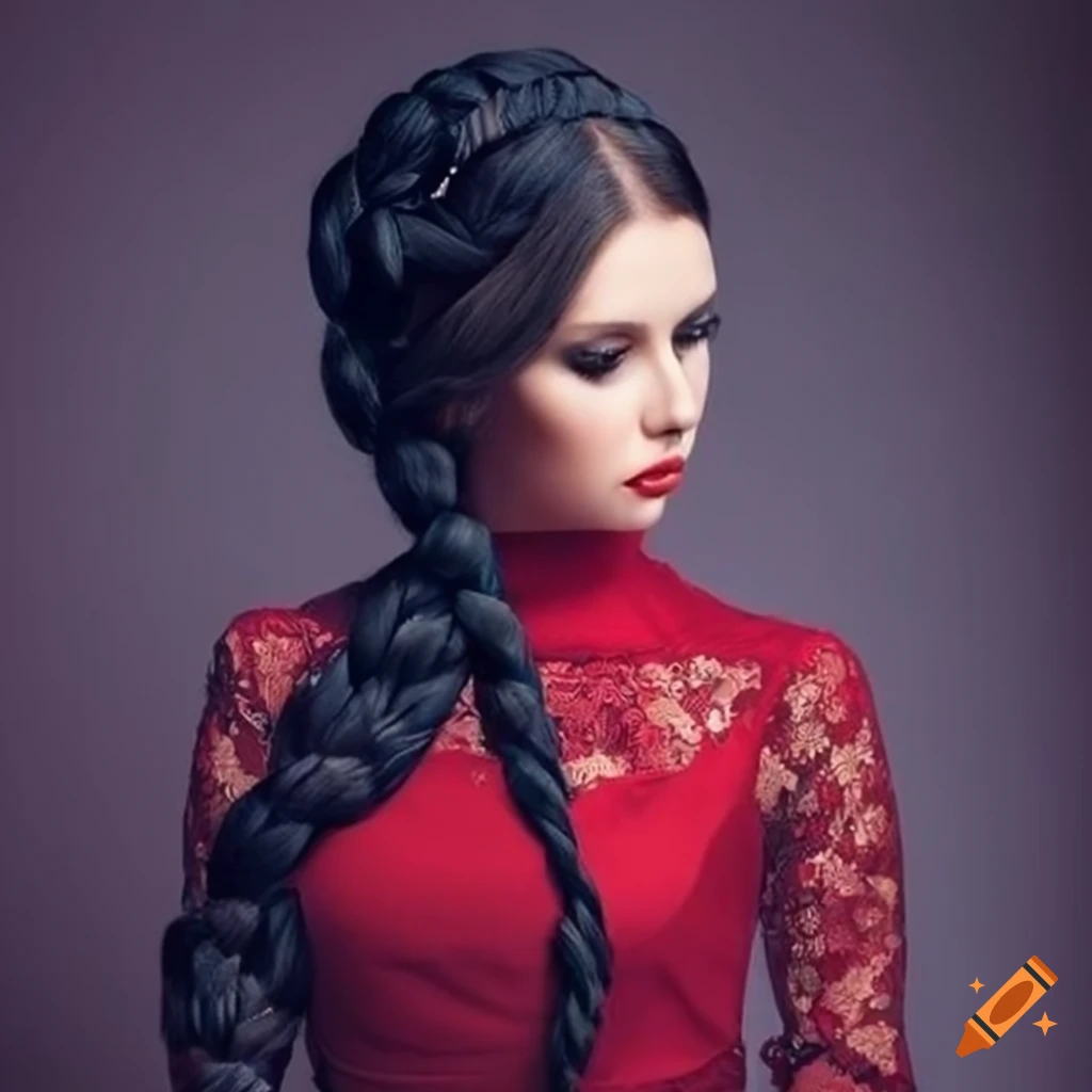 Woman with a long black braid wearing a modest dress on Craiyon