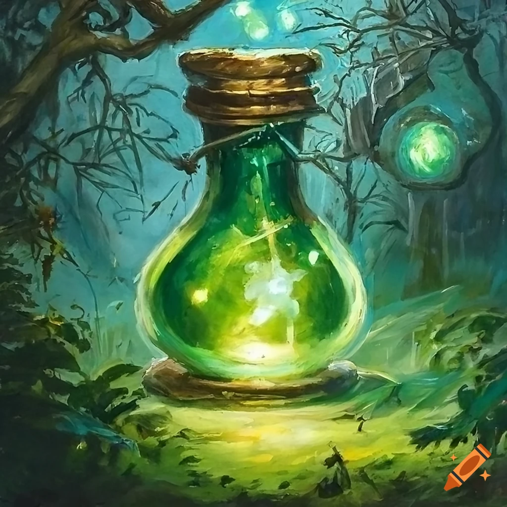 Artistic depiction of a glowing green potion in a flask