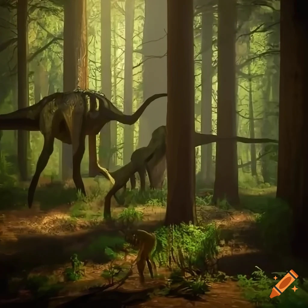 Hadrosaurus dinosaurs in a cedar forest clearing on Craiyon