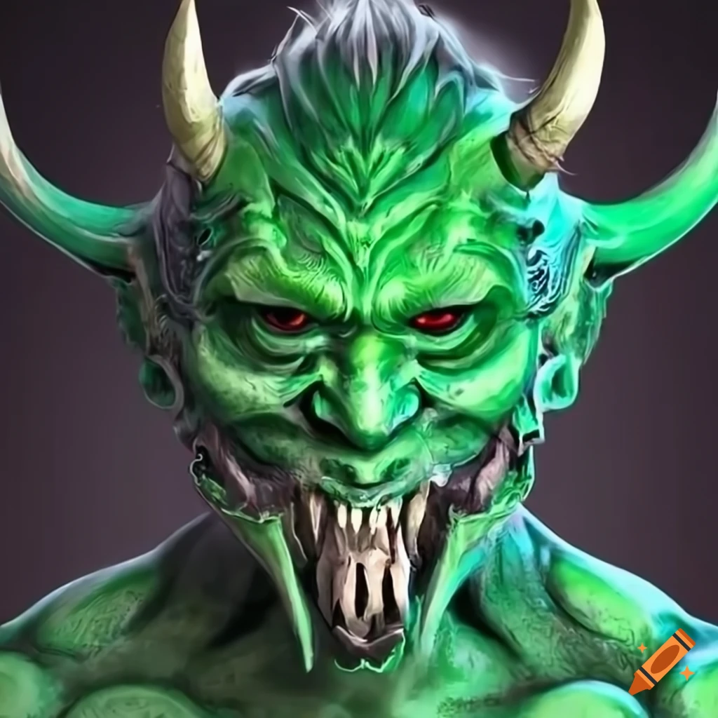 Green demon warrior with a mask on Craiyon