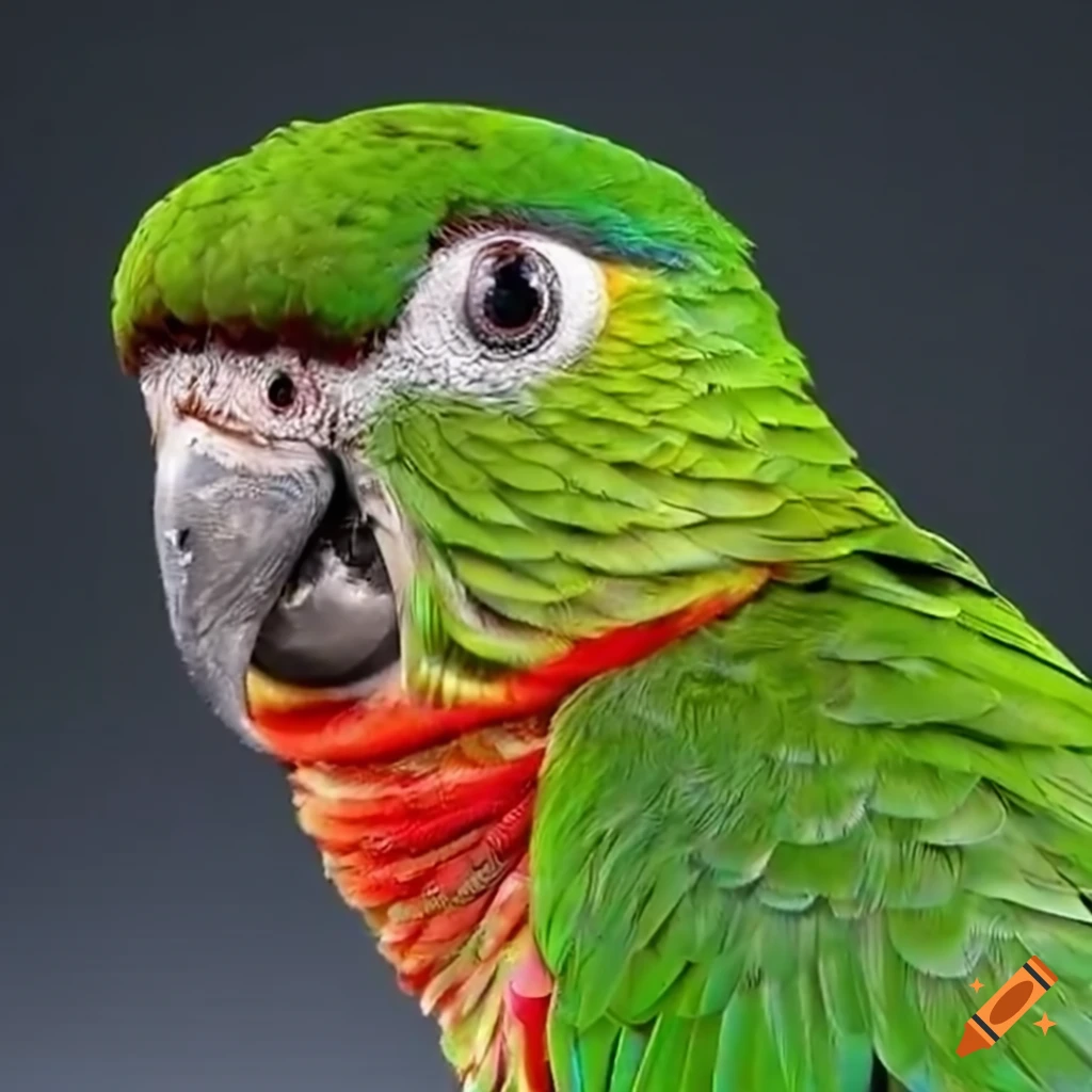Intense stare of a green-cheeked conure parrot on Craiyon