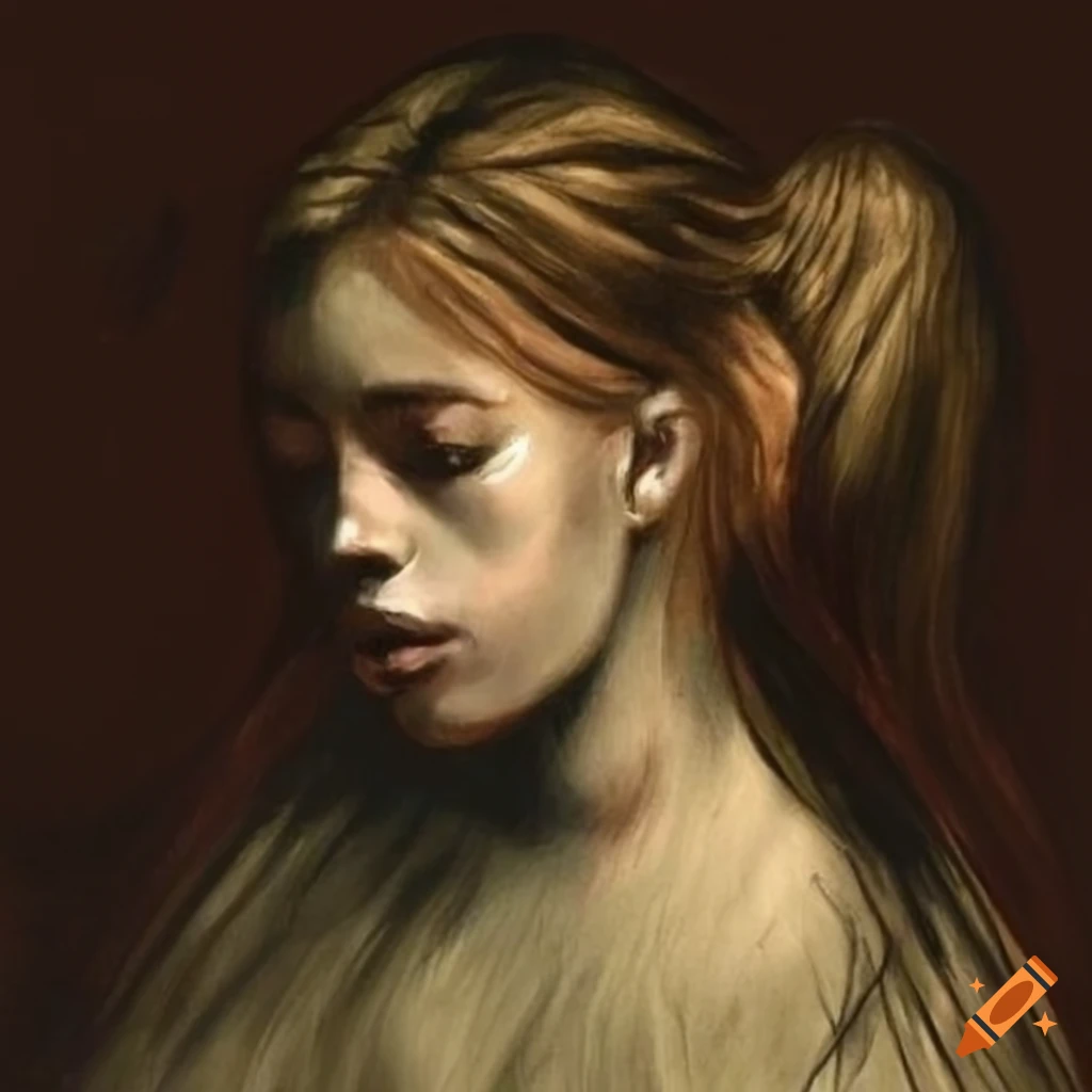 Charcoal drawing of a girl with flowing hair on Craiyon