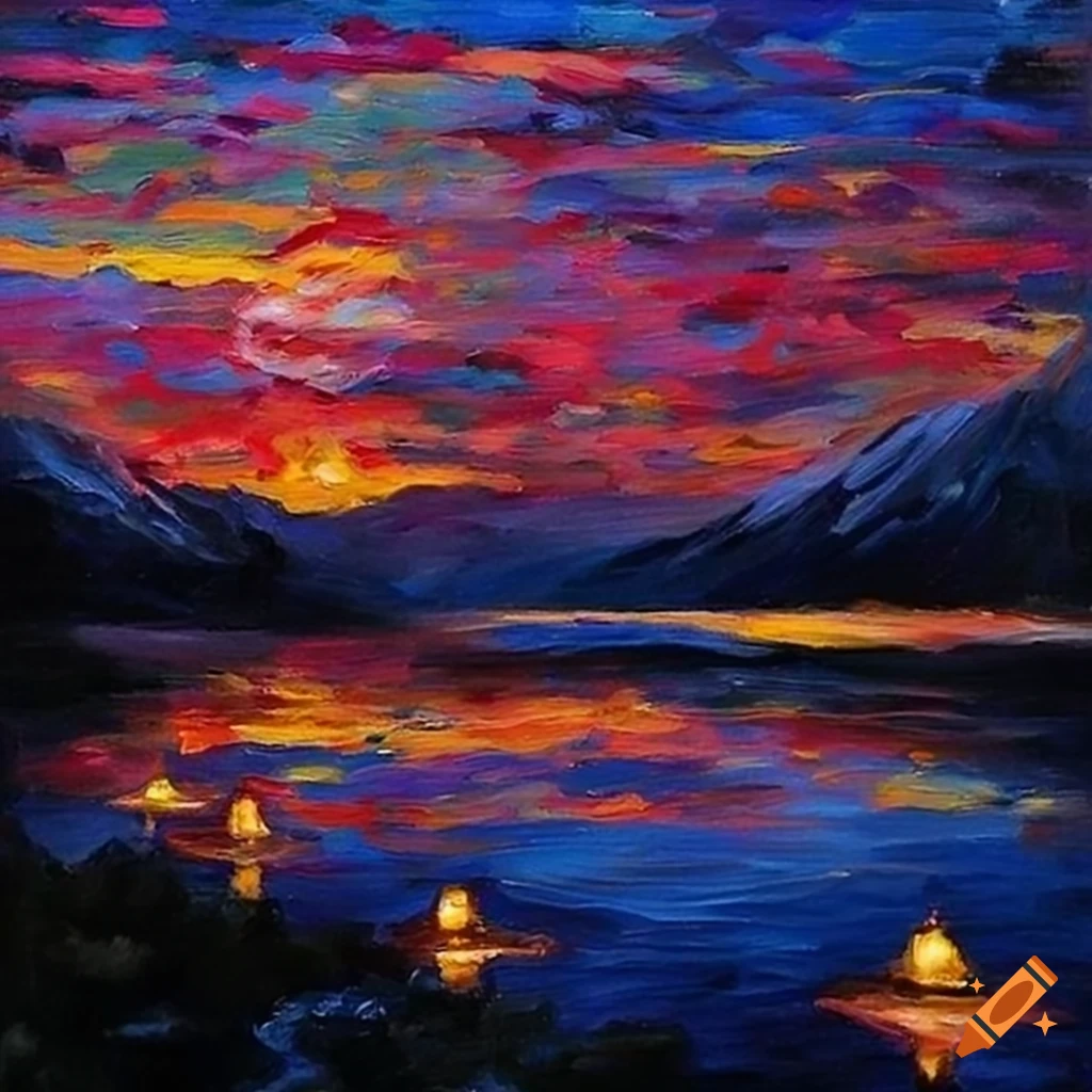 Impressionist painting of a lake at night with floating lamps on Craiyon