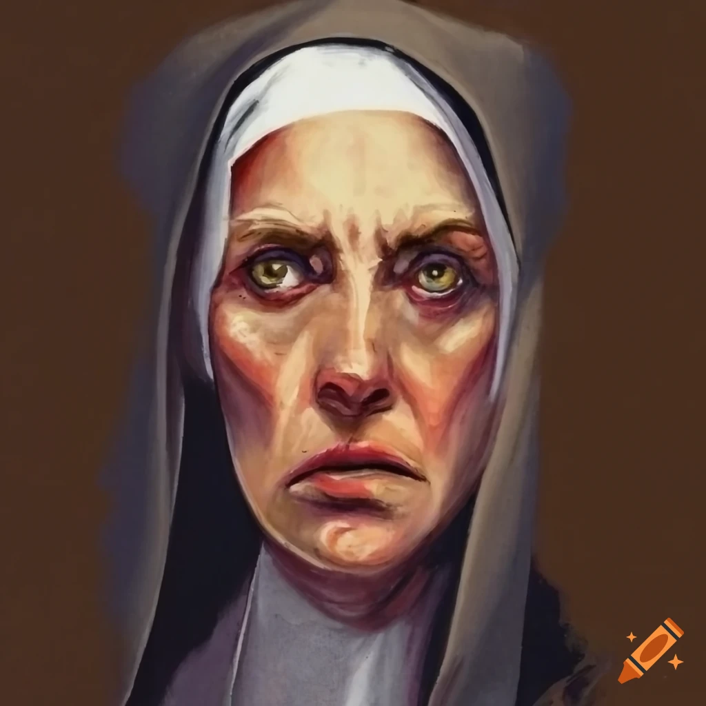 Oil pastel depiction of a stern nun