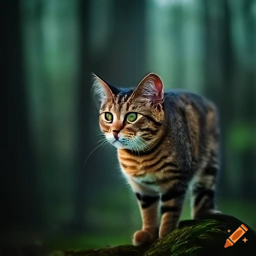 Golden brown cat with amber eyes in a forest on Craiyon