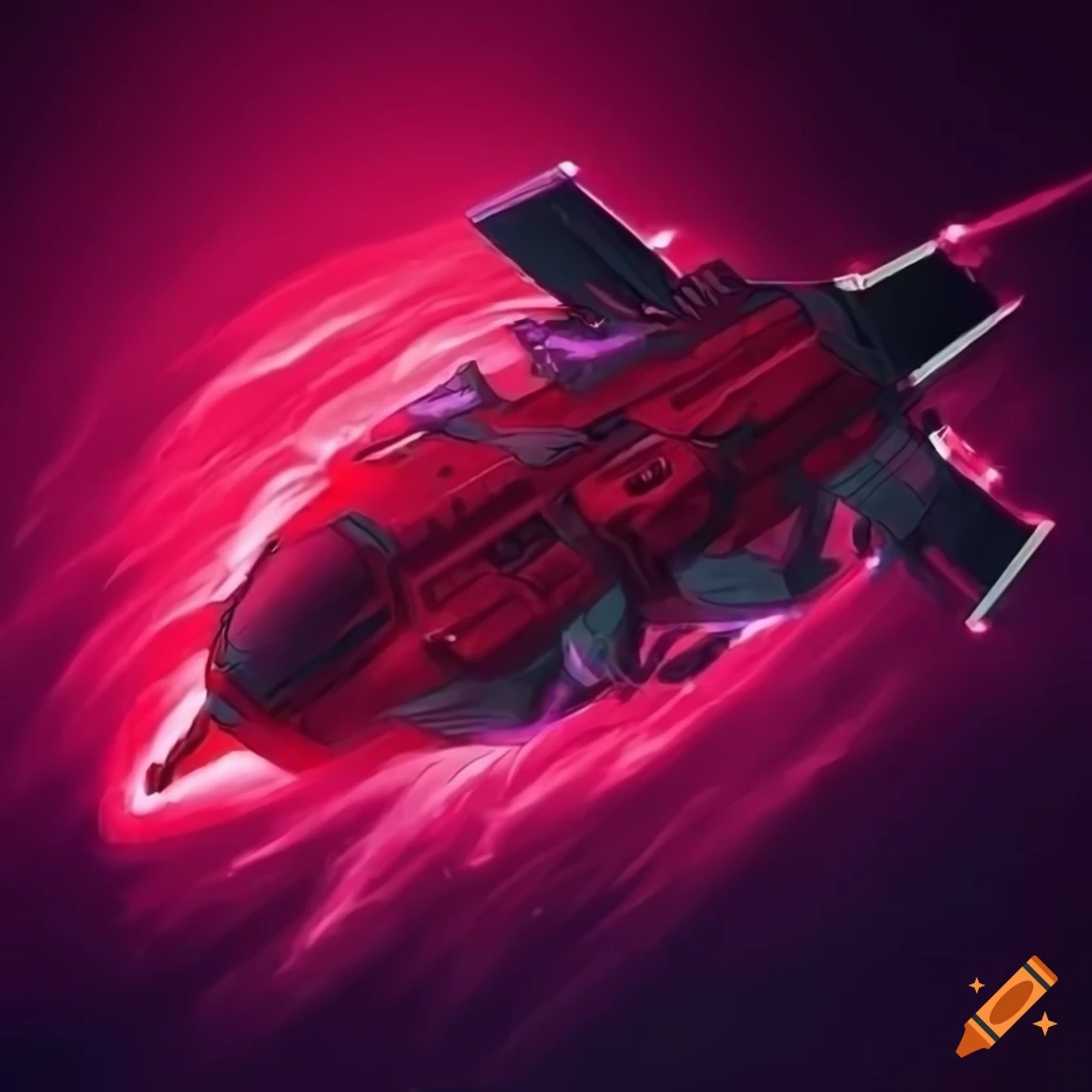 Red sci-fi spacecraft flying with pink energy trails on Craiyon