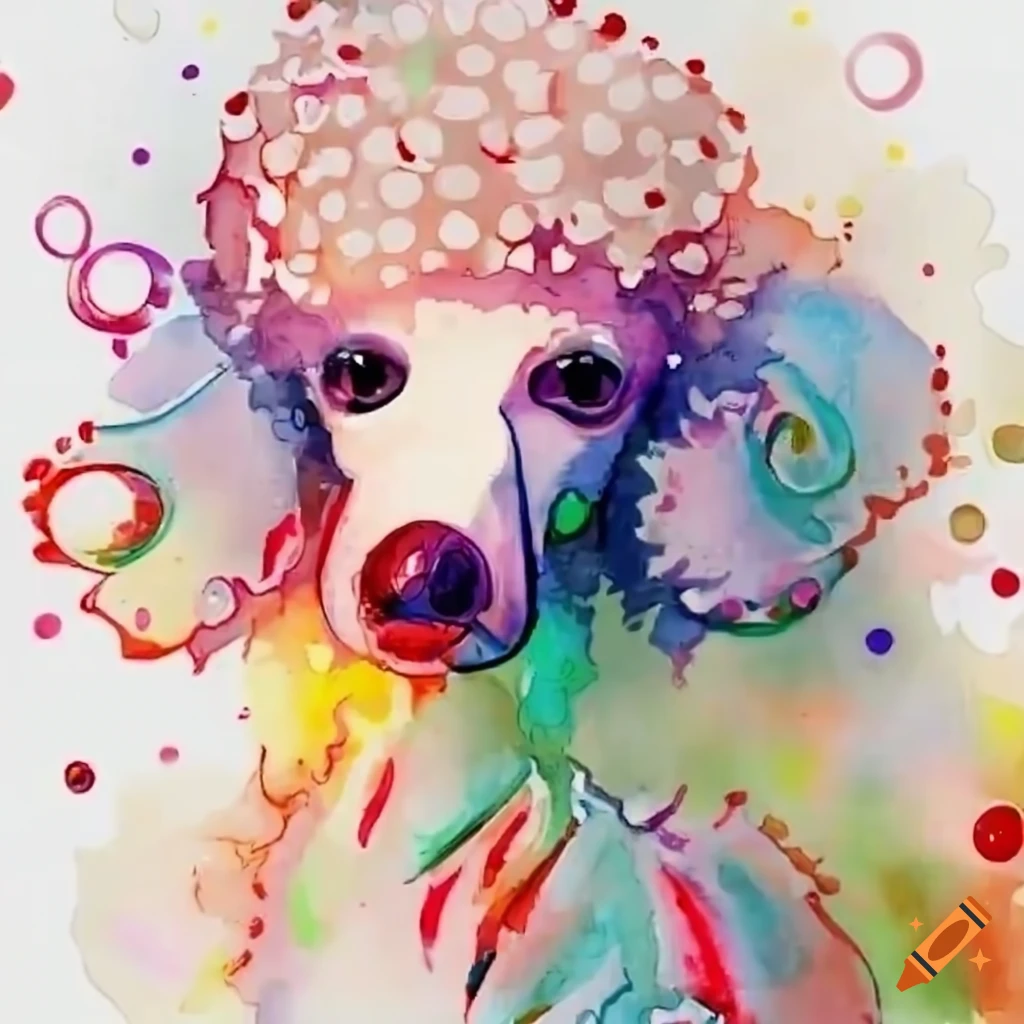 Comic image of a poodle taking a bubble bath on Craiyon