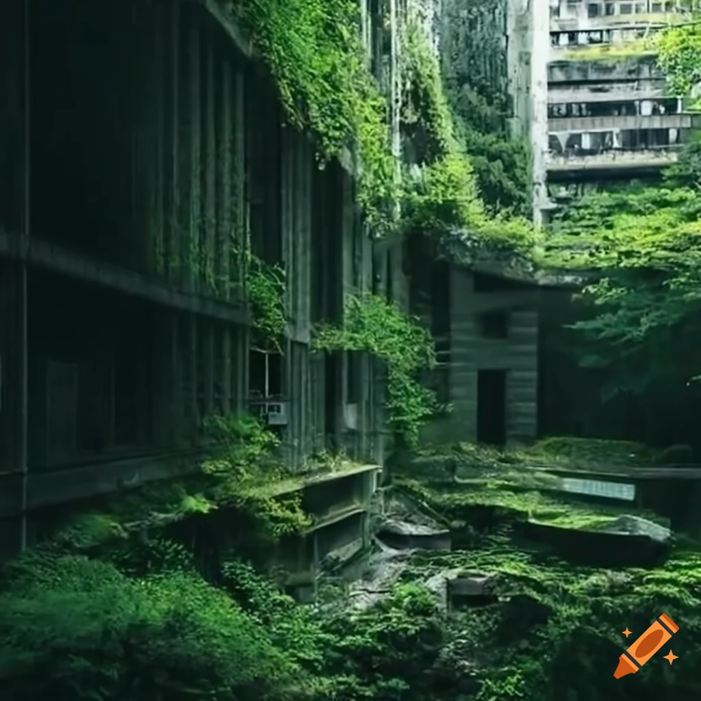 Overgrown nature on a brutalist building on Craiyon