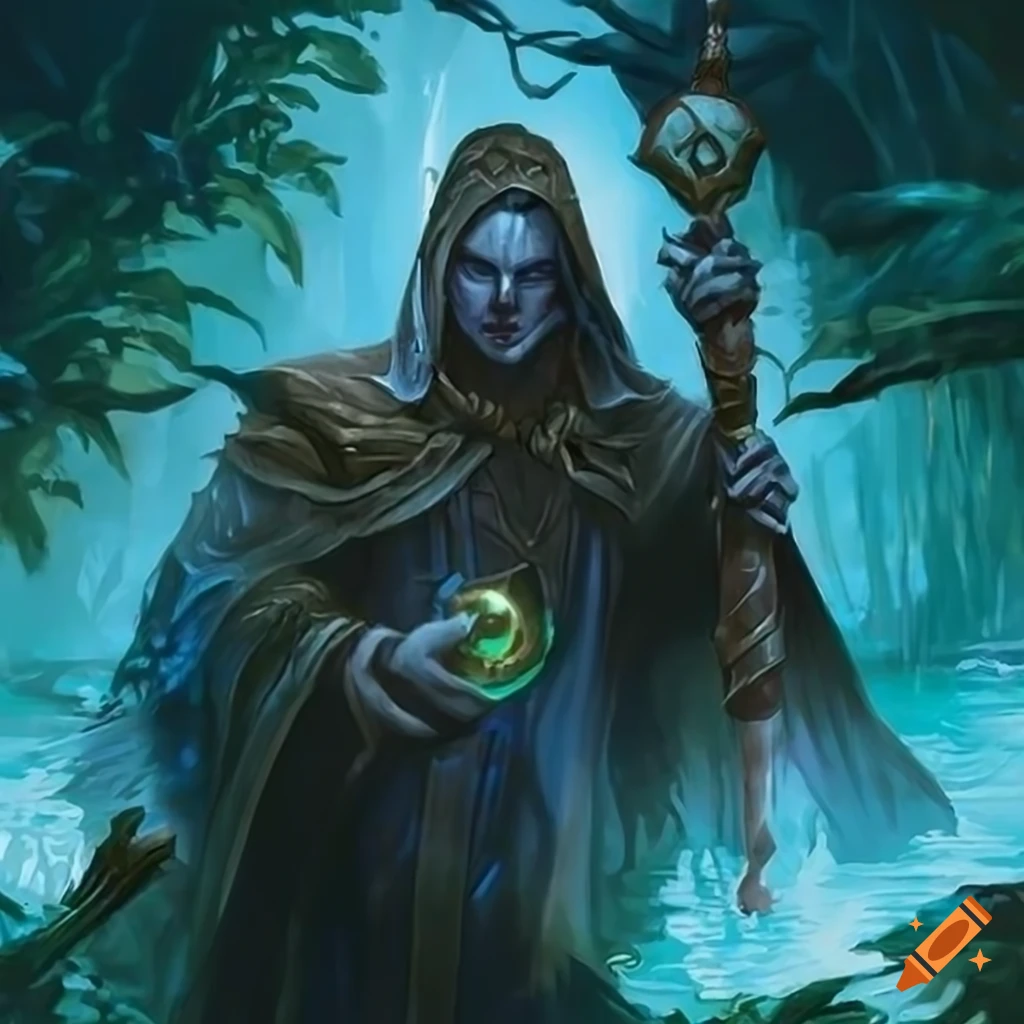 Detailed illustration of a male aquatic spellcaster on Craiyon