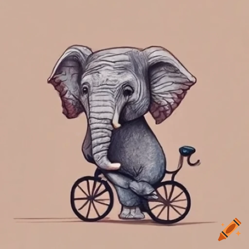 Ink drawing of an elephant riding a bicycle