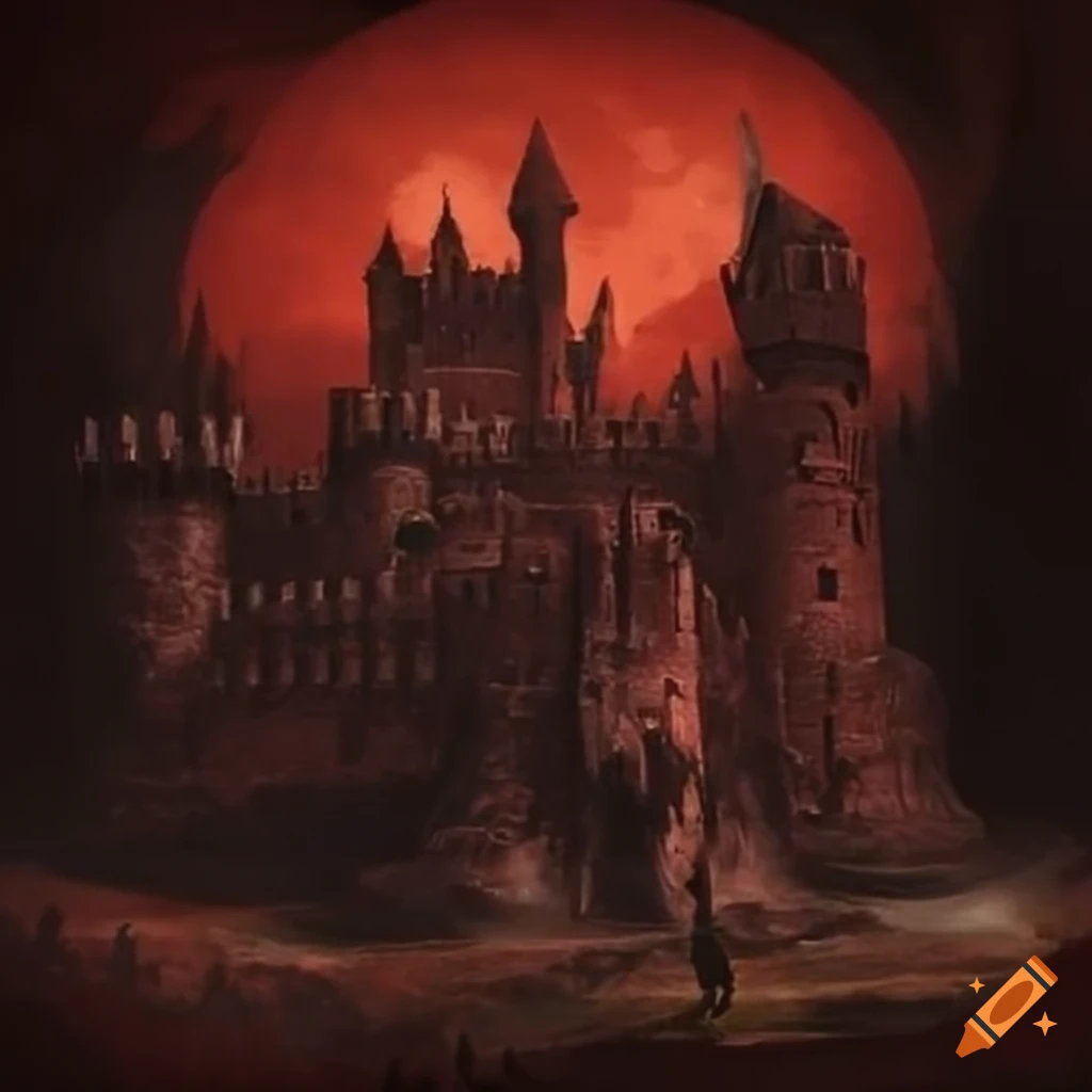 Dark fantasy art with red castles and orc hordes on Craiyon