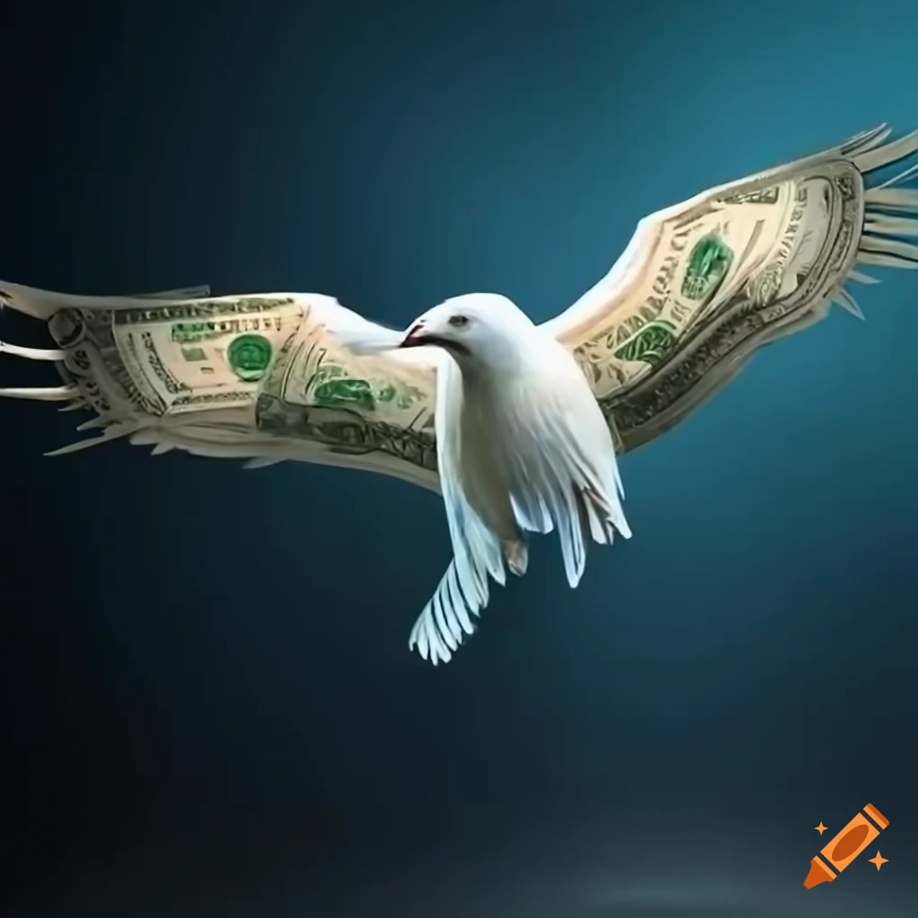 Conceptual artwork of dollar bills flying with wings on Craiyon