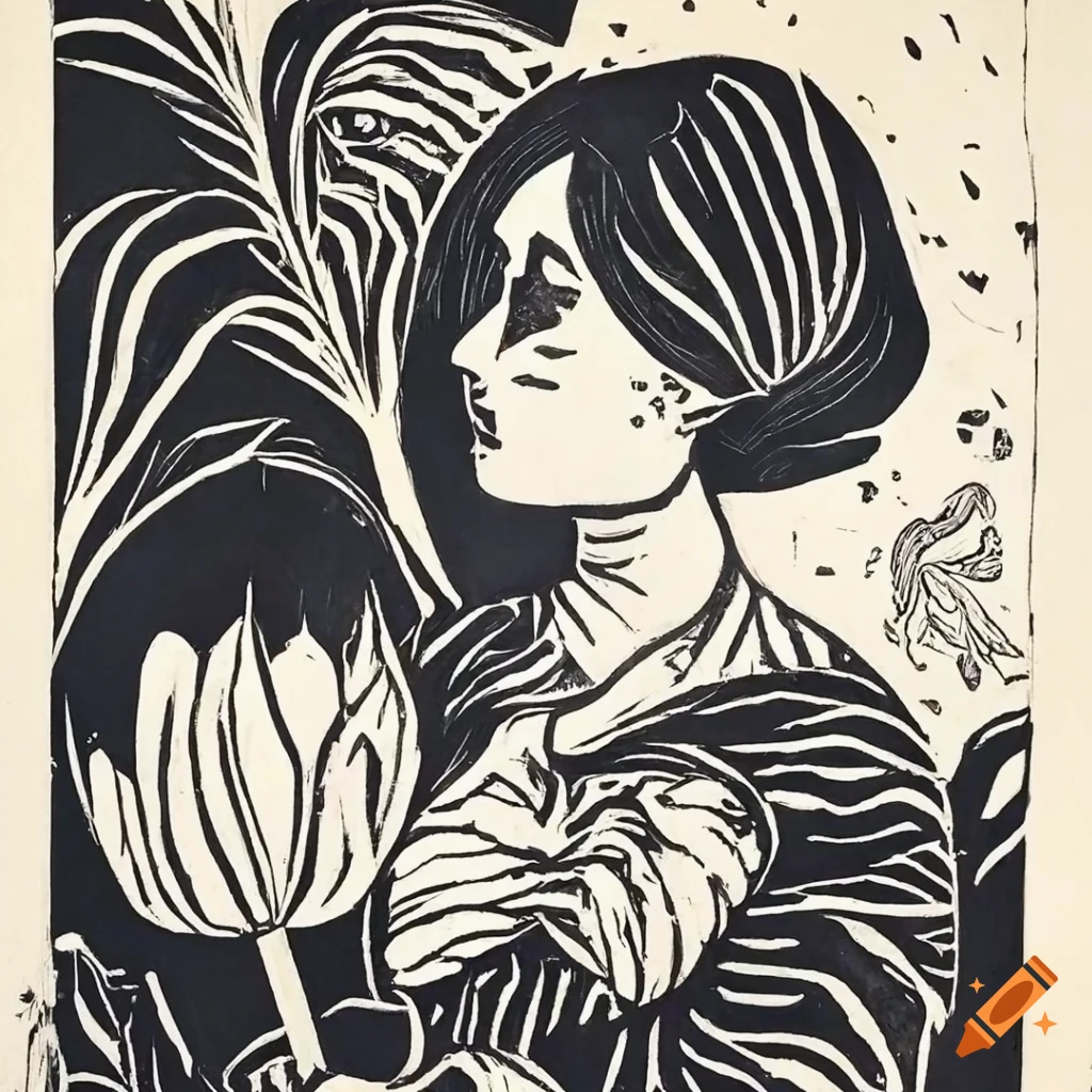 Linocut artwork featuring a tulip flower on Craiyon