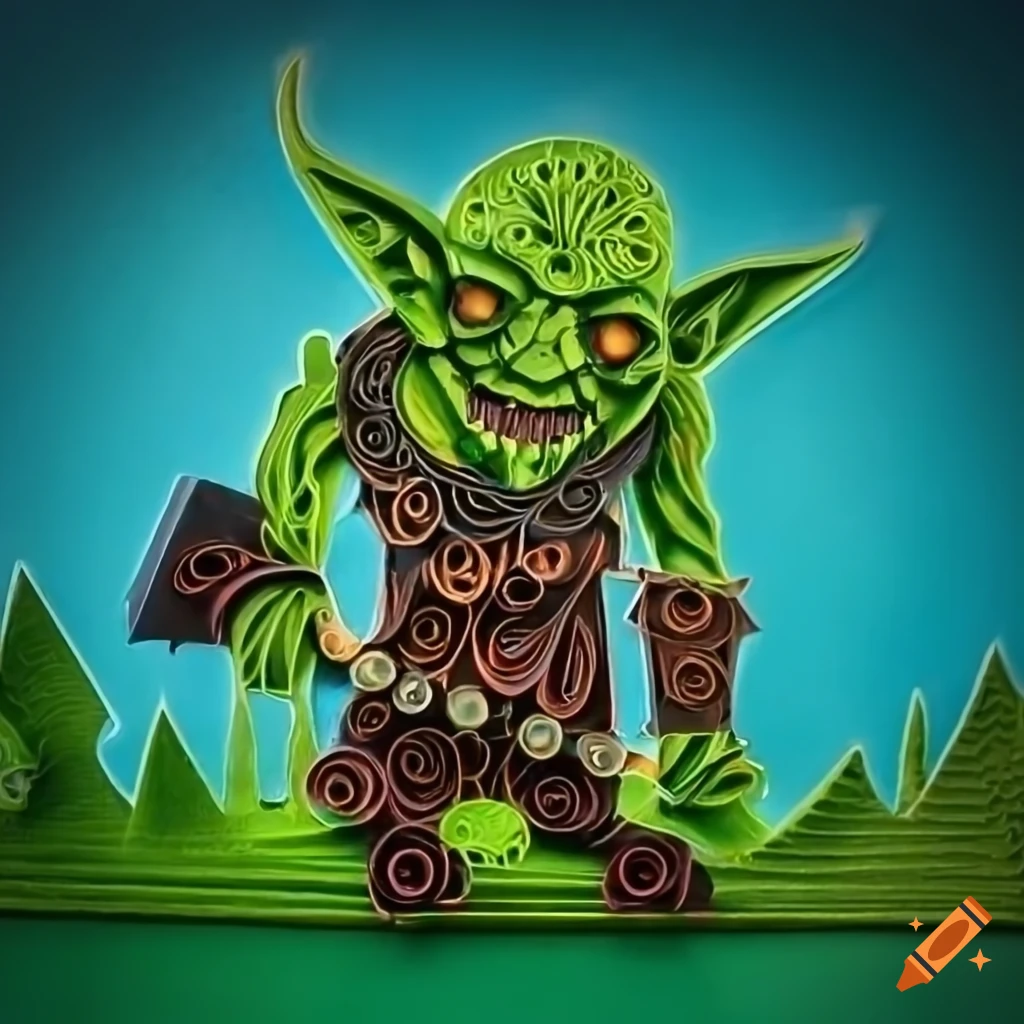Paper quilling artwork of a forest goblin chieftain