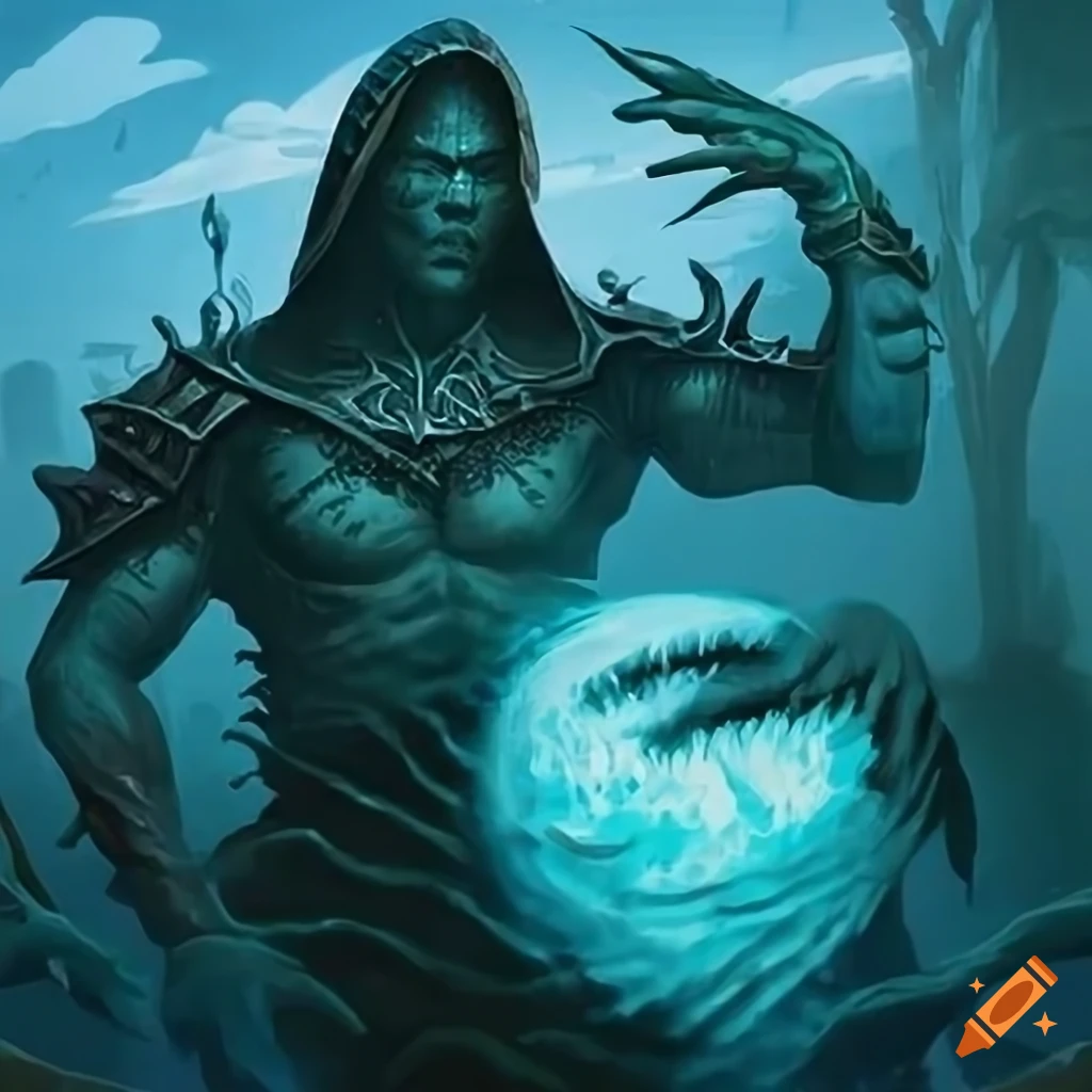 Detailed artwork of an aquatic spellcaster casting magic in an aquatic ...