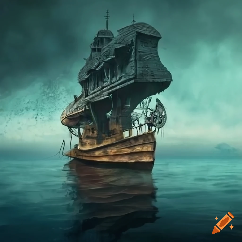 Steampunk boat sailing on a surreal sea