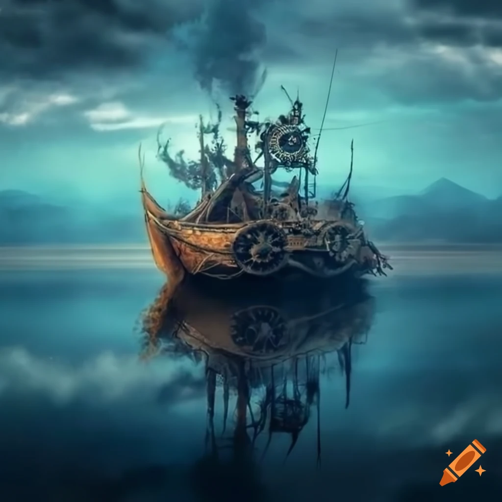 Surreal steampunk artwork with boats and mountains on Craiyon