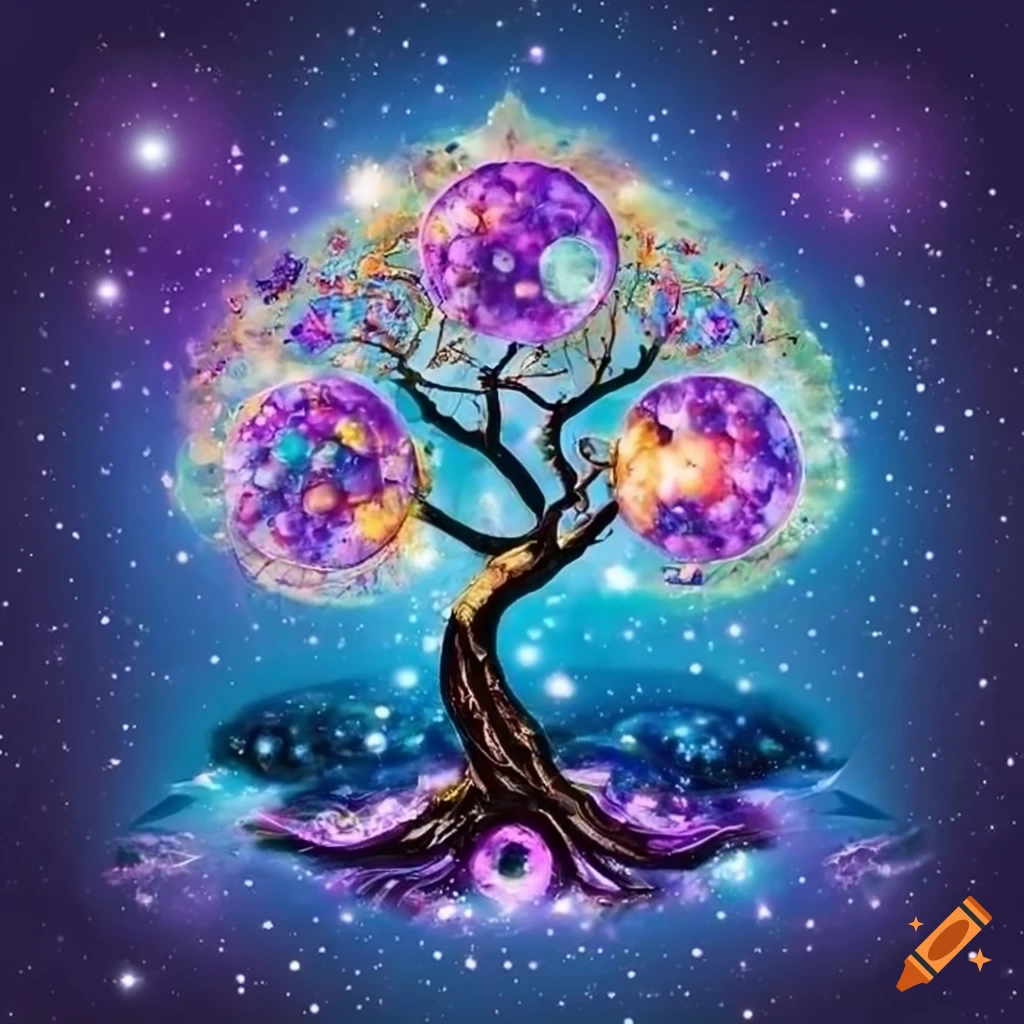 Artistic depiction of a cosmic tree of life with planets and galaxies ...