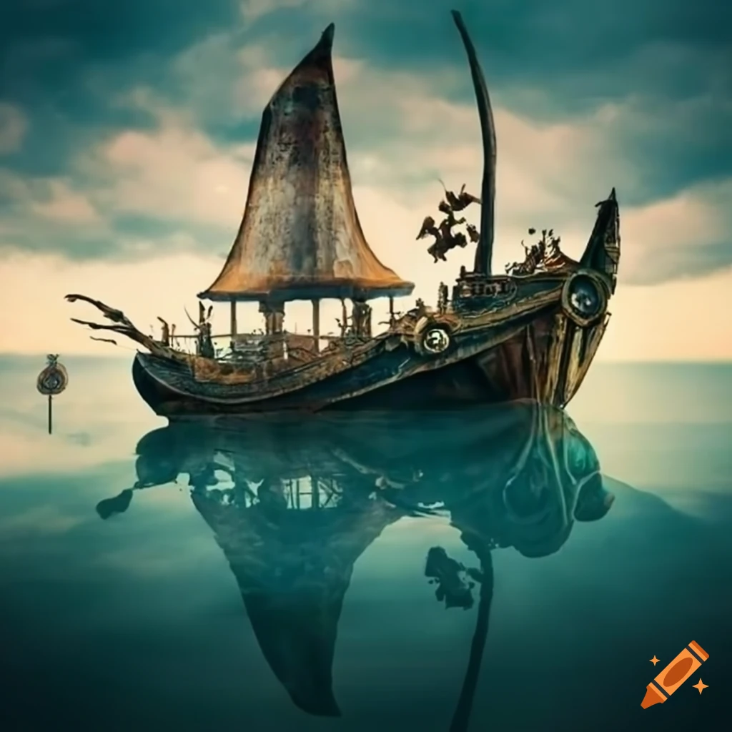 Surrealist steampunk artwork with ghostly figures on a beach on Craiyon