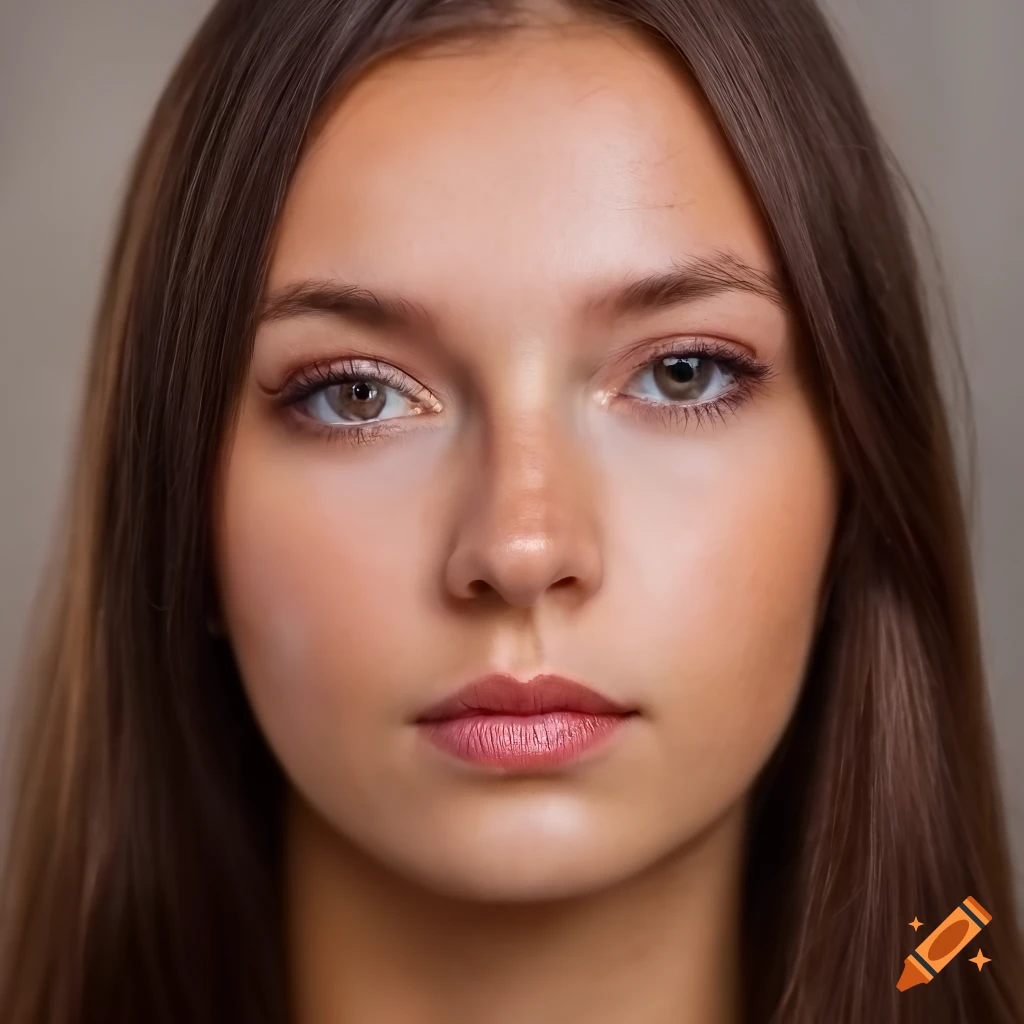 Close-up portrait of a young woman with symmetrical face on Craiyon