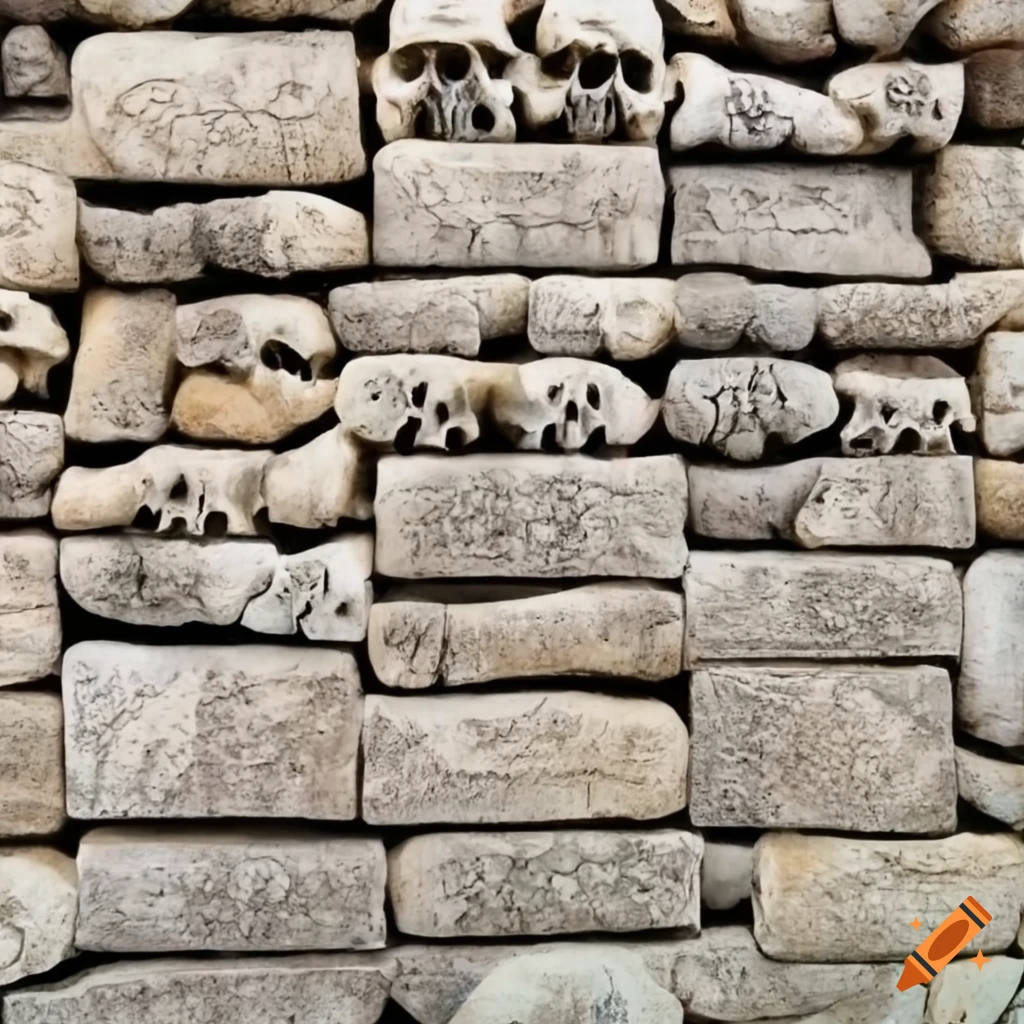 Wall of stone carved skulls on Craiyon