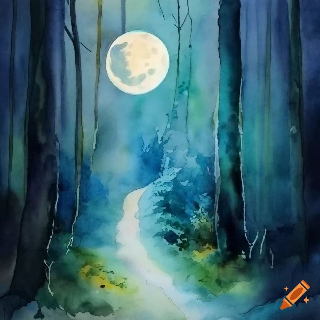 Watercolor painting of a forest path in moonlight