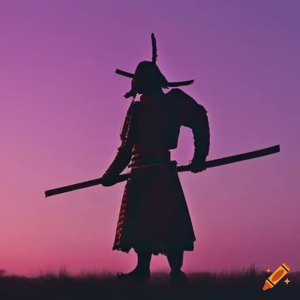 Digital art of a samurai standing under a purple sunset