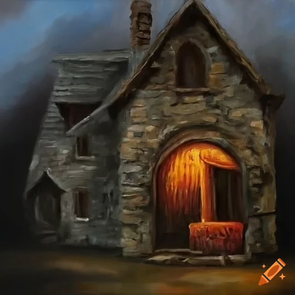 Oil painting of a medieval stone inn