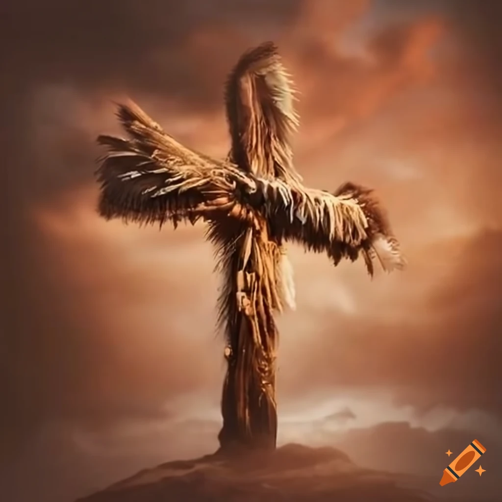 Artistic depiction of a native american on a cross