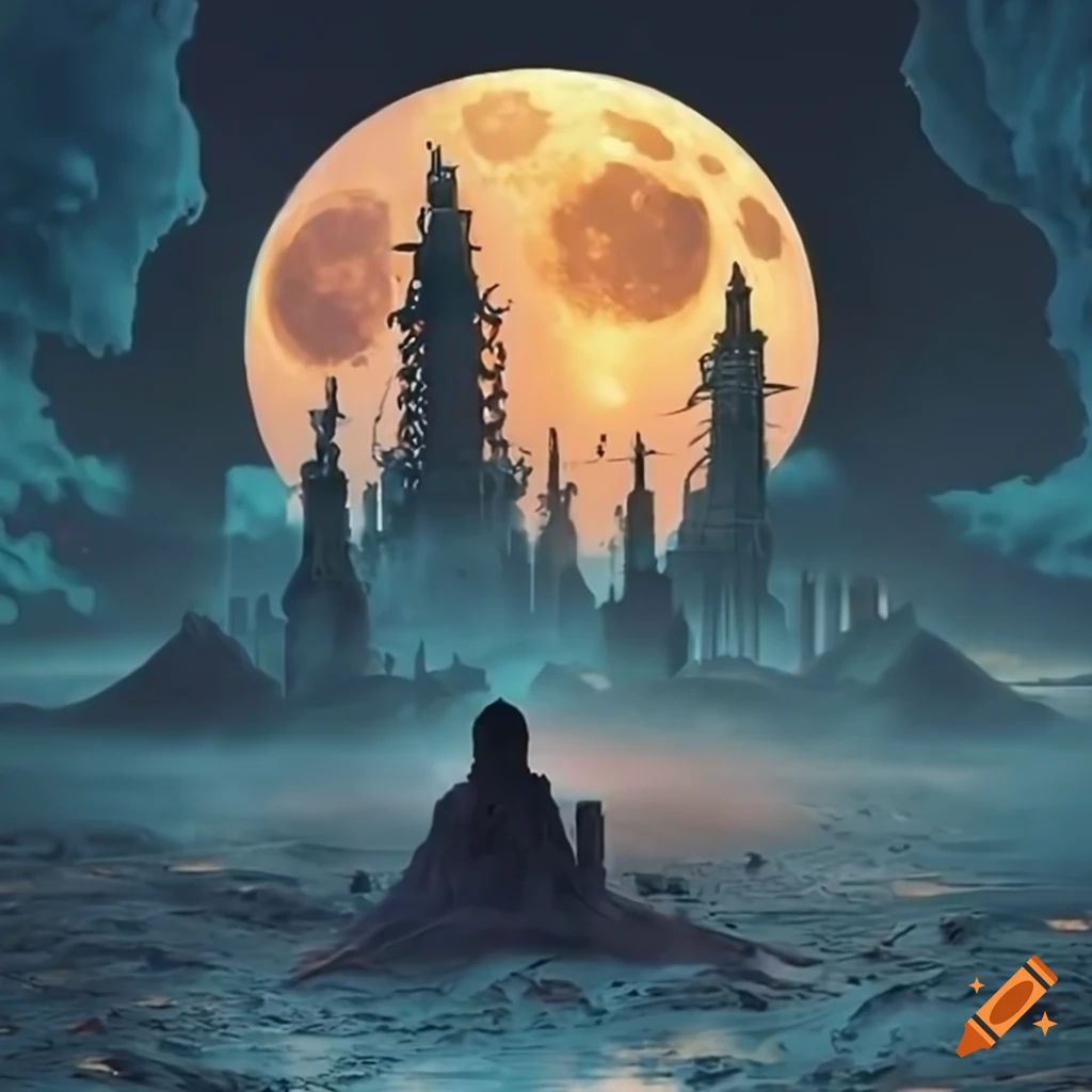 Album cover featuring judge death and a full moon on Craiyon