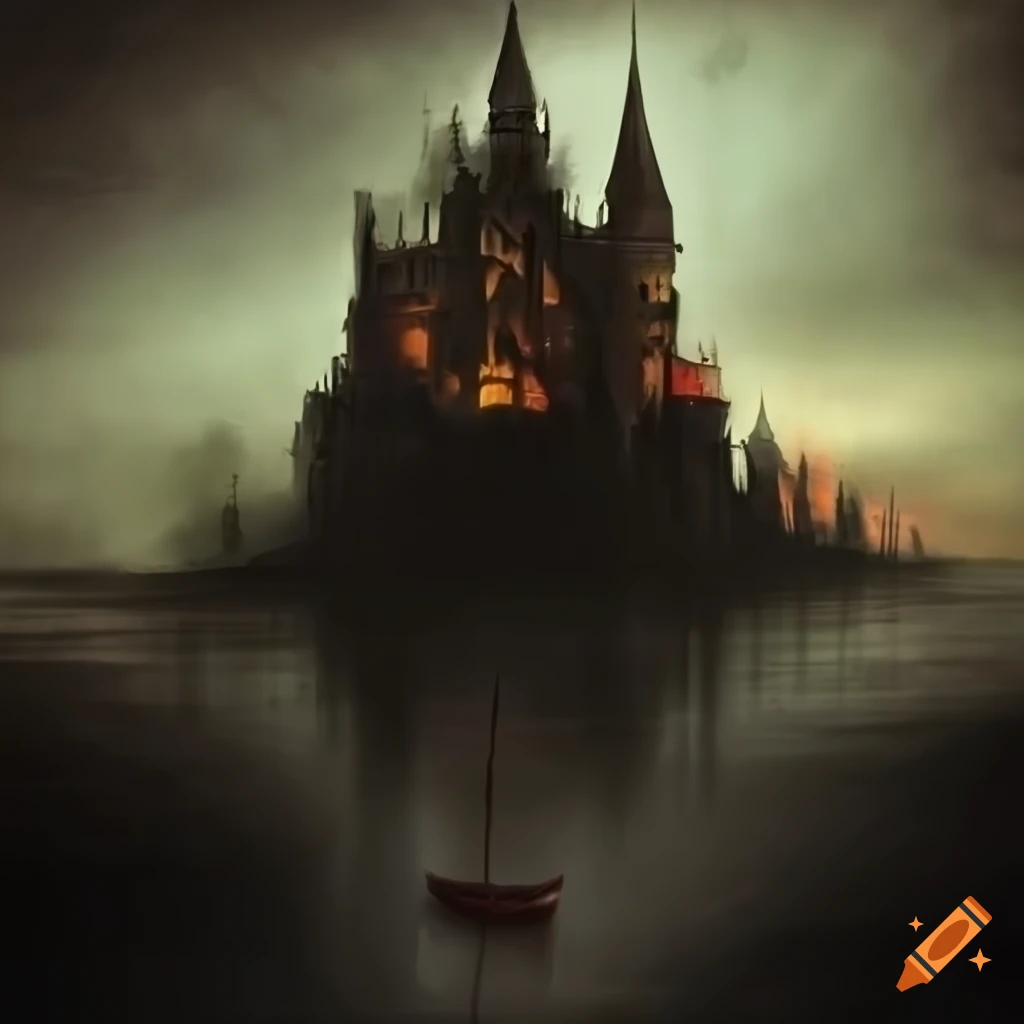 Image of a dark castle surrounded by boats in blood rain on Craiyon
