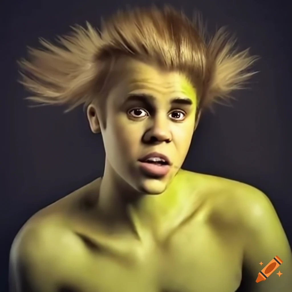 Humorous image of shrek with justin bieber's hair on Craiyon