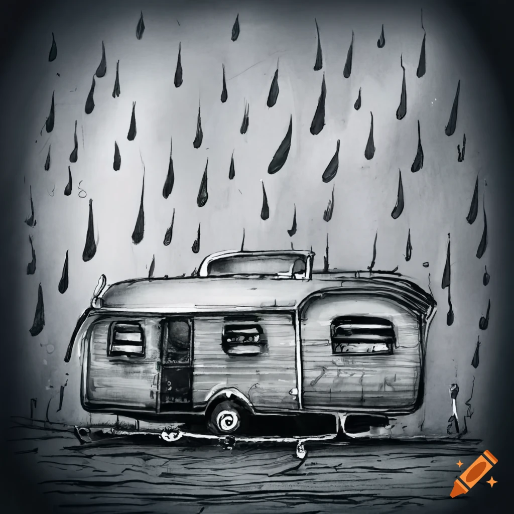 Ink drawing of a caravan in rainy weather on Craiyon