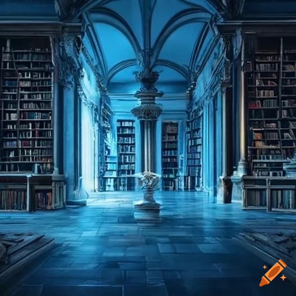 Blue-lit ancient library with endless shelves on Craiyon