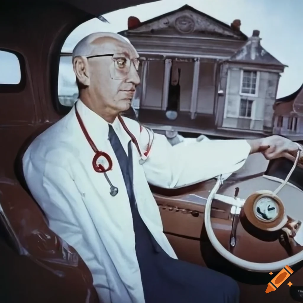 Photo of doctor near a vintage white ambulance car