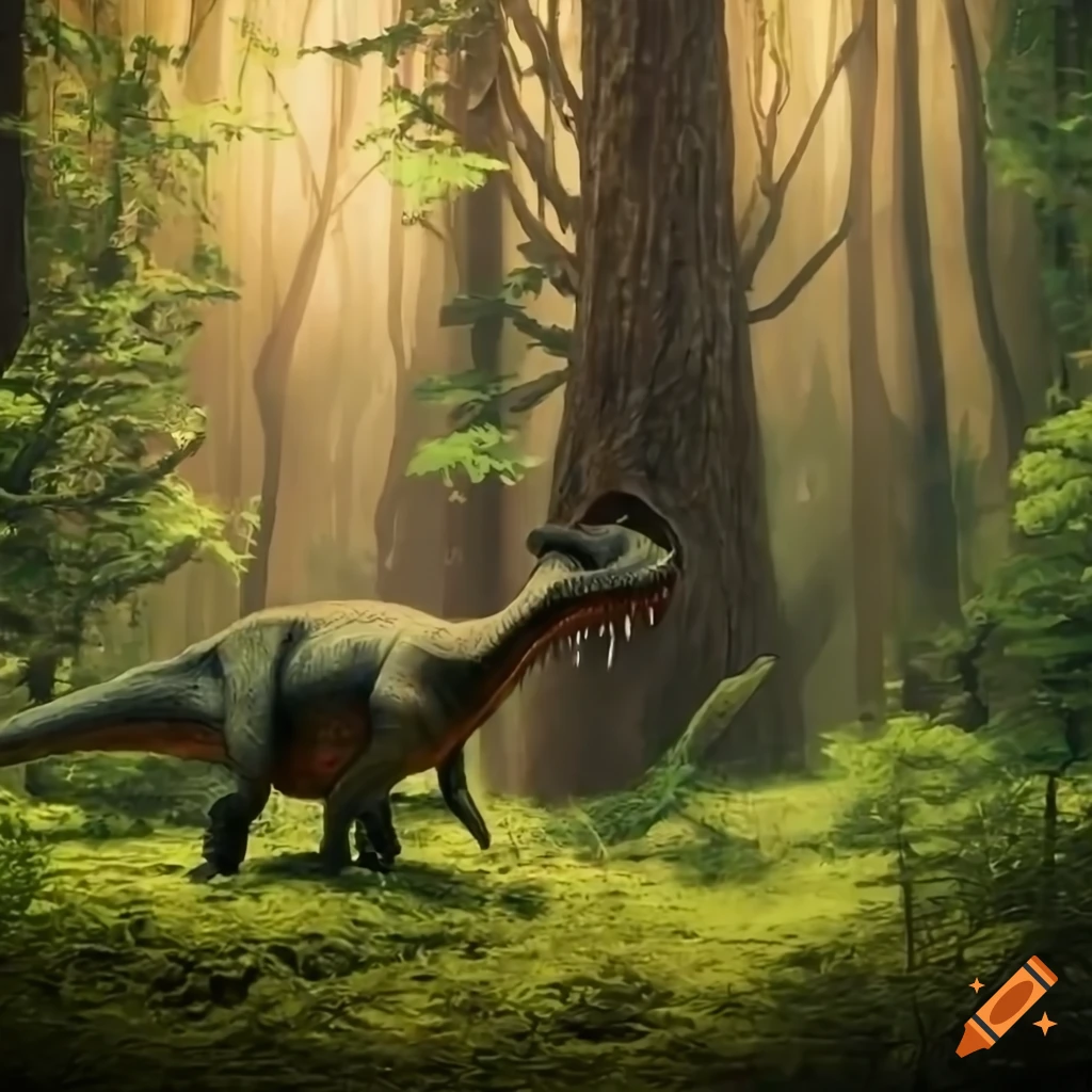 Detailed hadrosaurus dinosaurs in a cedar forest clearing on Craiyon