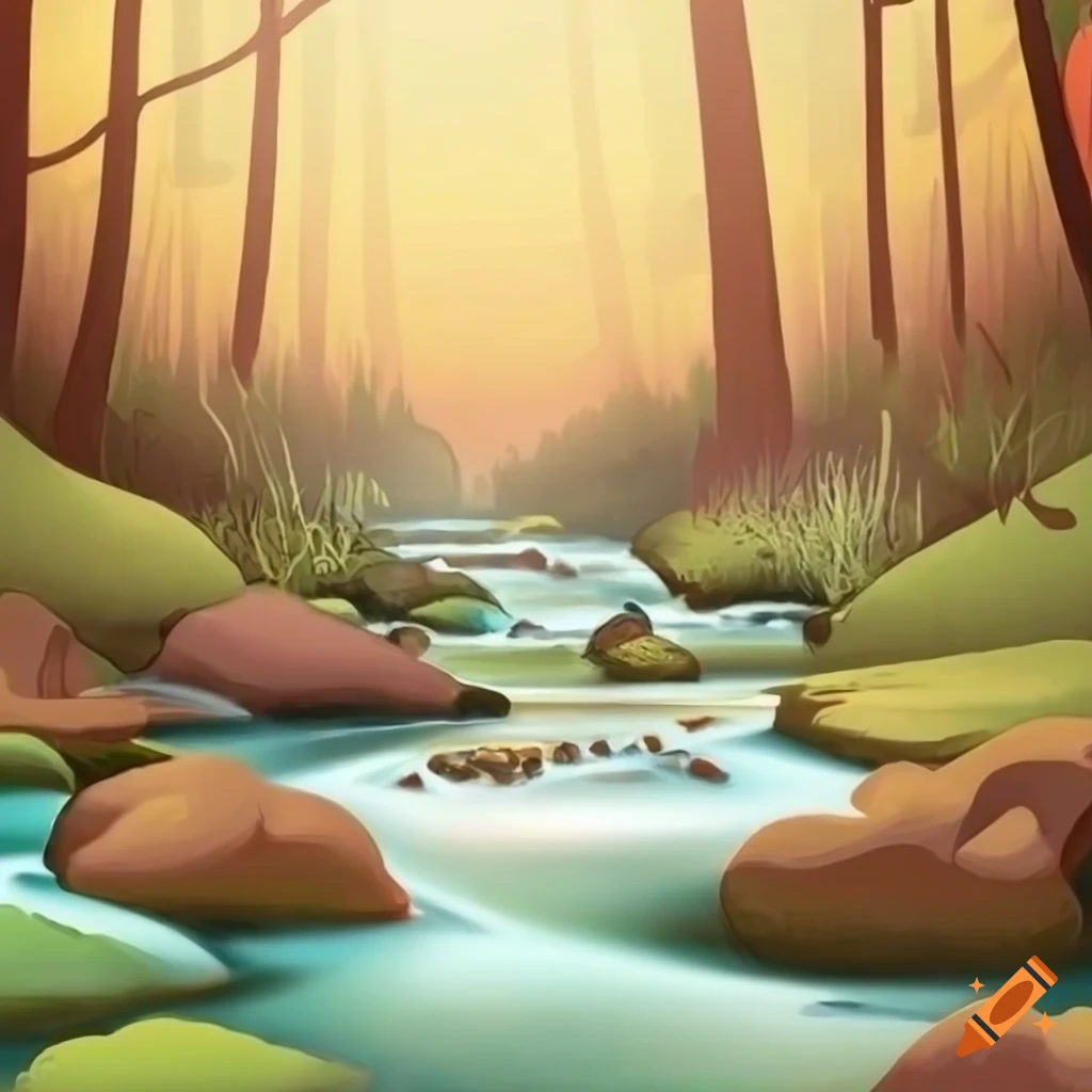 Pastel babbling brook in a charming forest