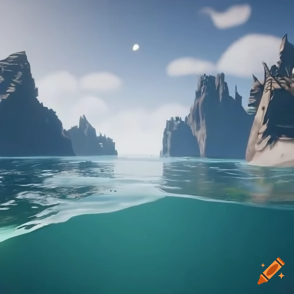 Screenshot of an epic virtual world with the sea on Craiyon