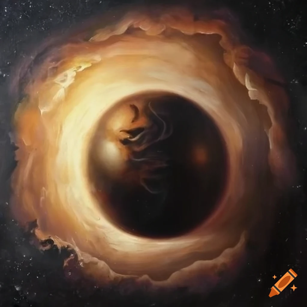 Renaissance oil painting of a cracked metal sphere and dark sun in ...